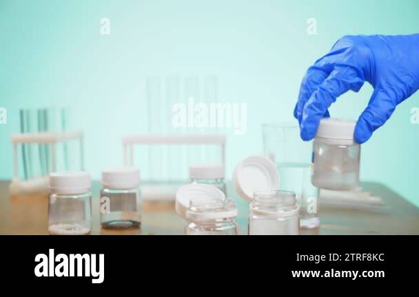 chemical experiments, laboratory test tubes with reagents. 4k, close-up ...