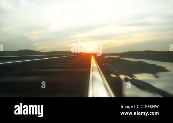 Camera moves along railway. Wonderful sunset. Realistic cinematic 4k ...