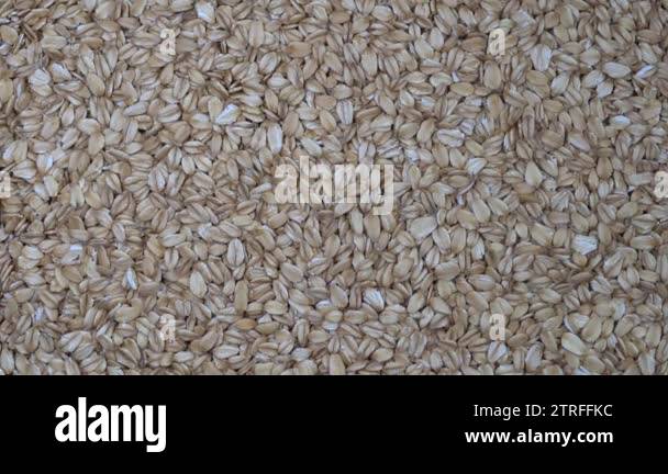 Dry oat flakes grains background, close up rotation loopable 4k top ...