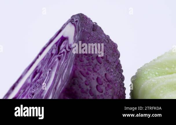 Cross section macro shooting of upper part of two mini cabbage halves ...