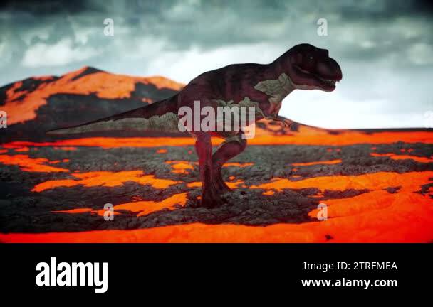 Volcanic Eruption. Dinosaur. Prehistoric period, rocky landscape ...