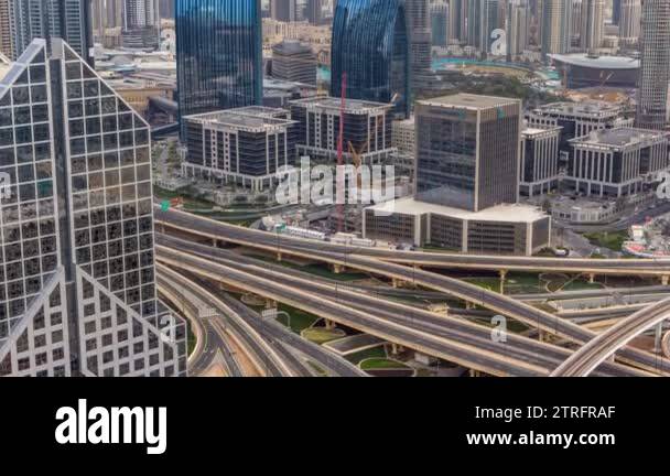 Dubai Downtown timelapse top view before sunset as shot from a rooftop ...