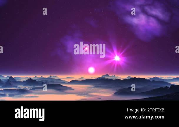 UFO and Sunrise on Alien Planet. Bright glowing object (UFO) flies ...