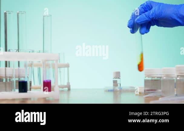 chemical experiments, laboratory test tubes with reagents. 4k, close-up ...