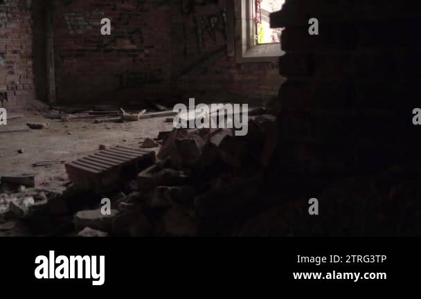 FPV, CLOSE UP: Urbexing old decaying abandoned hotel, walking across ...