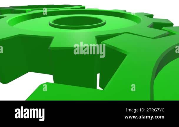 Three gears of green color 3d animation rotates in horizontal position ...