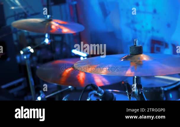 4k. UHD. Drum kit on stage with soffits and light equipment. Drum ...