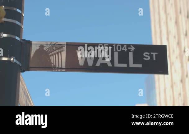 CLOSE UP: Street sign of iconic Wall Street, a collective name for the ...