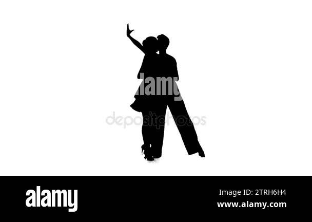 Couple silhouette professional dancing rumba on white background. Slow ...