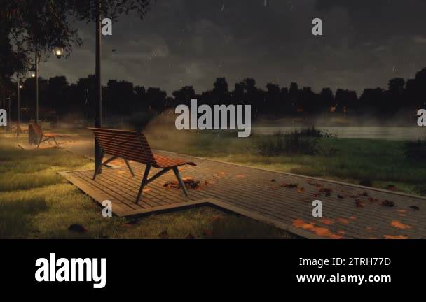 Pavement park walkway lit by street lights with empty benches, fallen ...
