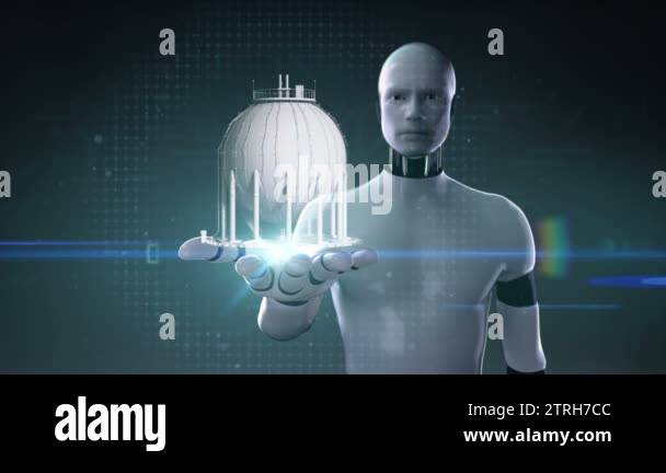 Robot cyborg open palm, Sphere gas storage in petrochemical plant, Oil ...