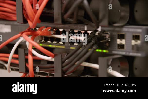 IT professional plug in network cable in switch at datacenter Stock ...