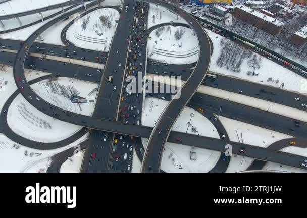 Aerial View of Highway Interchange. Cars on a overpass. 4K. Bird view ...