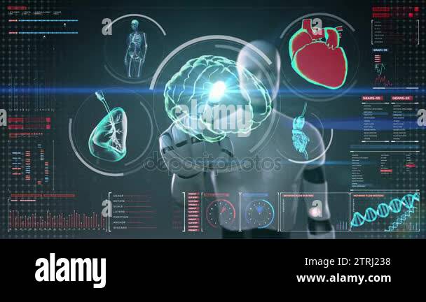 Robot, cyborg touching digital screen, Scanning brain, heart, lungs ...