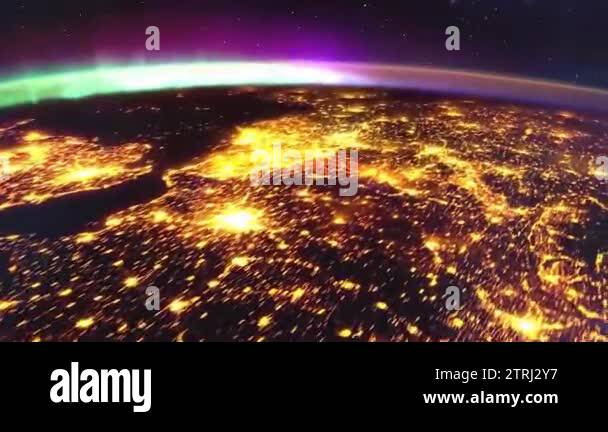 Planet earth from the space at night animation. the flight from space ...