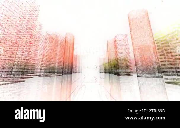 3d animation binary business city wireframe bright building ...