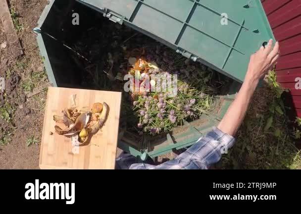 Farmer's hands throwing out kitchen waste to the garden compost heap ...