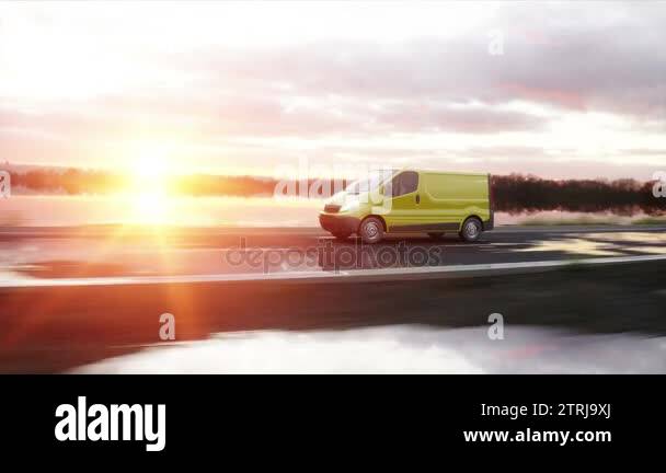 Yellow delivery van on highway. Very fast driving. Transport and ...