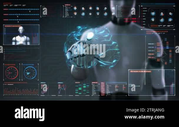 Robot cyborg touching polygon Brain, connect digital lines in digital ...