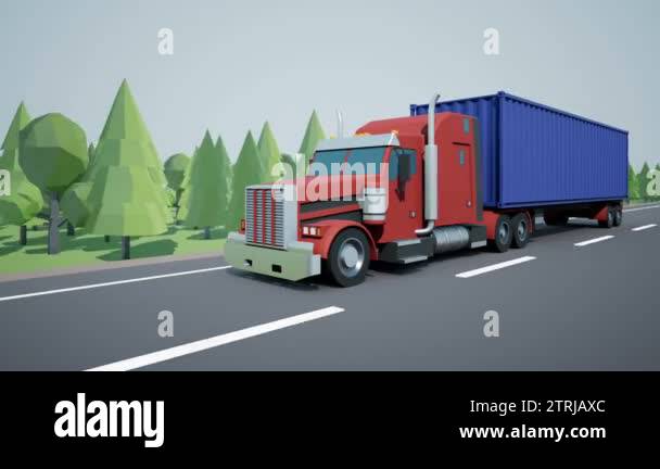 Front view camera follows American semi truck with 40 foot container ...