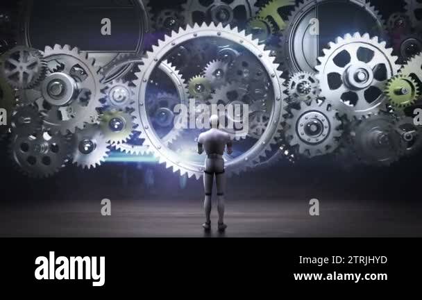 Robot, cyborg standing big Gear wheels, connecting gear wheels ...