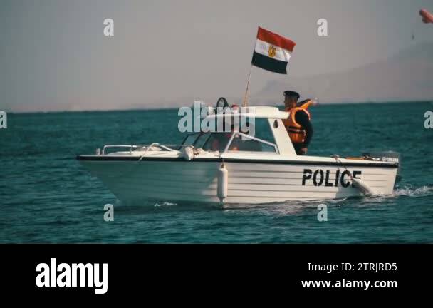 Maritime Coast Guard is moving on a motor boat with the Egyptian flag ...