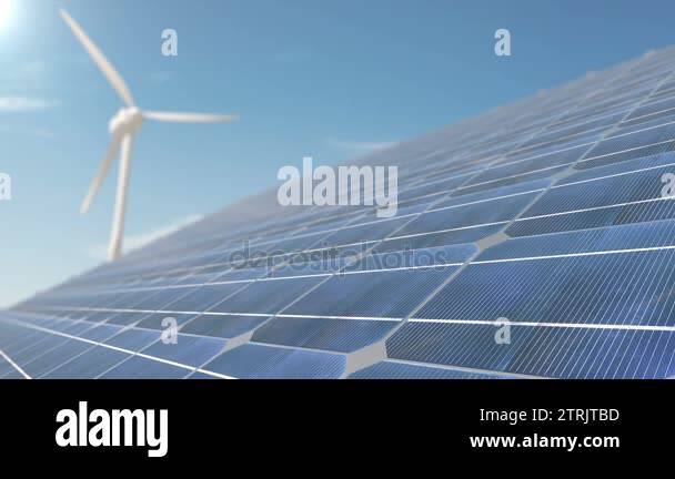 looping animation of wind turbines and solar panel. Cell panel array ...