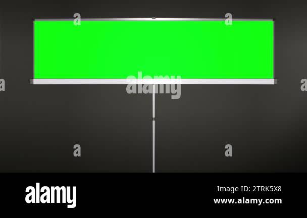 Projection cinema screen pull-down and camera zoom to green screen ...