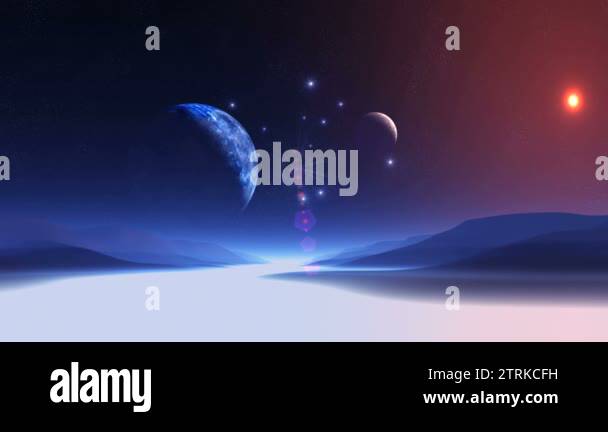 Two Moons over Alien Planet. In the dark sky two moons, bright stars ...