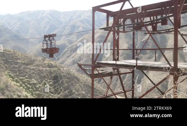 Old Cable Car Chilecito-La Mejicana mine. Detail of hanging wagons from ...