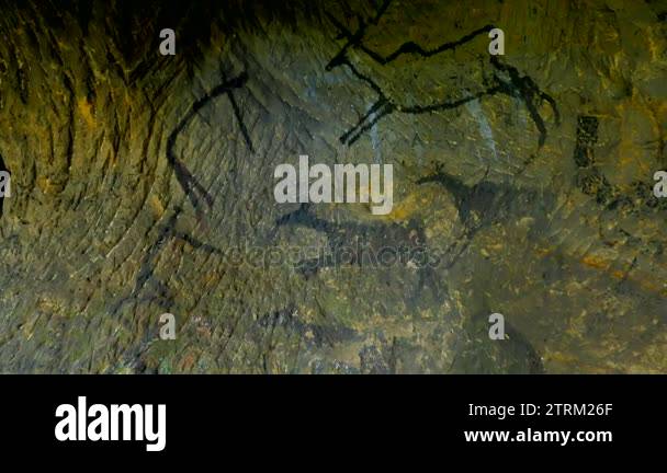 Discovery of prehistoric paint of caveman hunt in sandstone cave. Paint ...