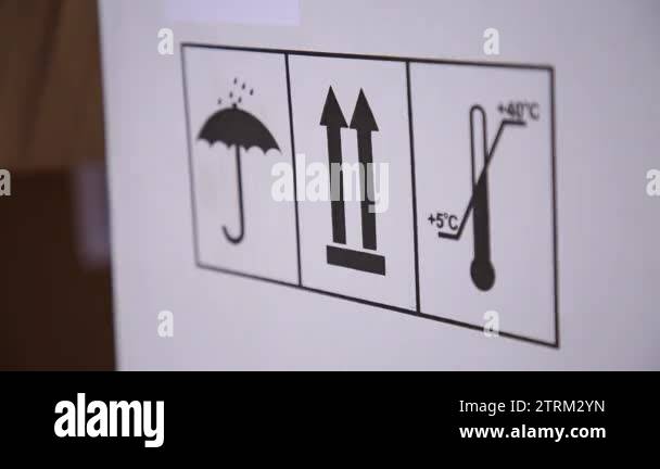 Signs on a cardboard box. Signs are represented to protect from ...