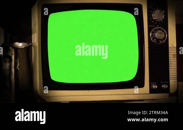Old Vintage Tv Green Screen. Close-Up. Zoom Out. Contrasted Tone.Ready ...
