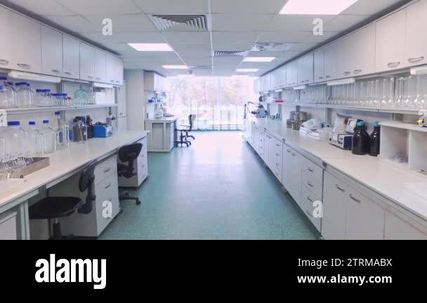 Research laboratory interior. Point of view empty science laboratory ...