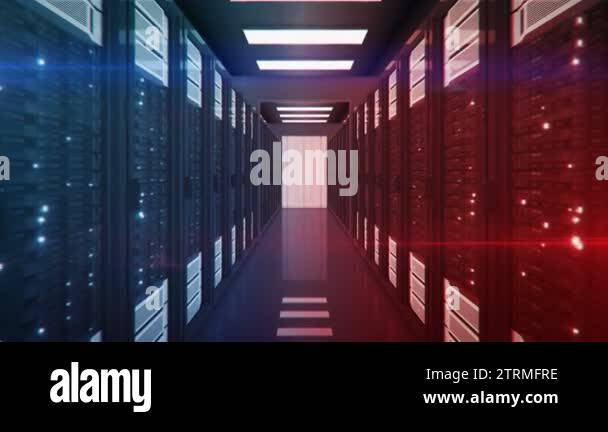 Moving Through Server Room with Blue and Red Server Racks Data Center ...