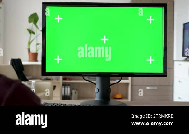 Unrecognisable man looking at modern personal computer with big green ...