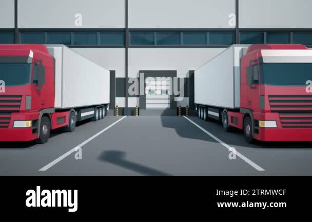 Camera dolly moves near Euro semi trucks during unloading of cargo ...
