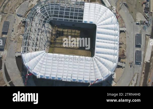 Aerial view on construction and reconstruction of football stadium ...