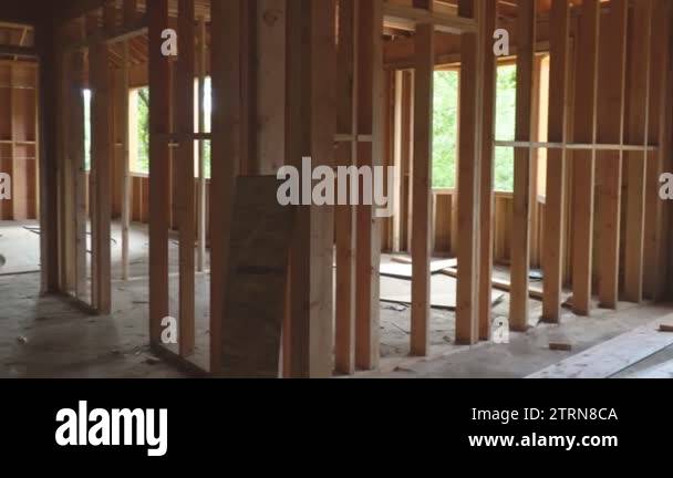 Wood framing work in progress with wood framing walls and ceiling or ...