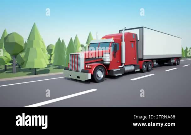 Front view camera follows American semi truck with cargo trailer ...
