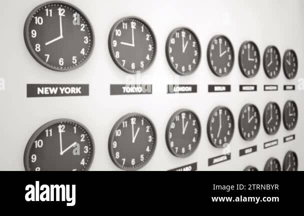 Round Clocks Show Time In Different Cities On White Wall. Symbol For ...