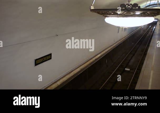 Arriving subway train 81-717 at metro station Novokuznetskaya in Moscow ...