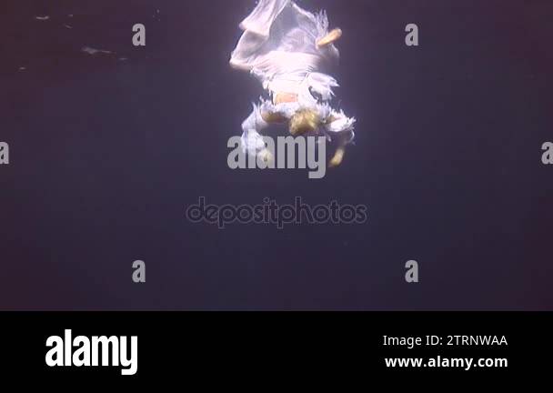 Underwater model free diver in costume angel swims in clean water in ...