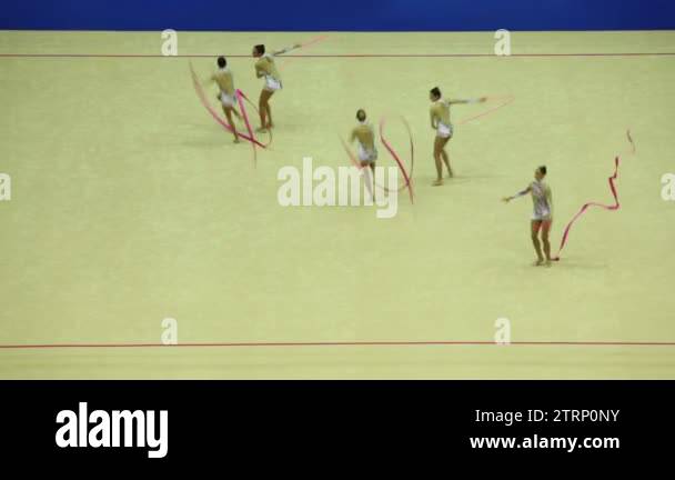 Display of gymnasts with ribbons at 30-th rhythmic gymnastics world ...