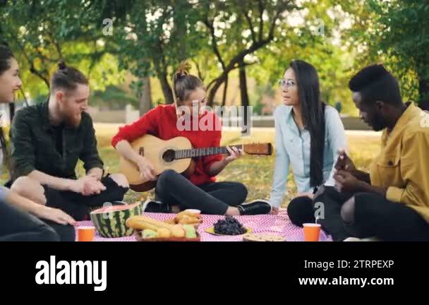 Pretty female guitarist is playing the guitar on picnic, her friends ...