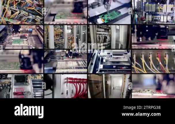 Video Wall technological Background. Video screens with wires, circuit ...