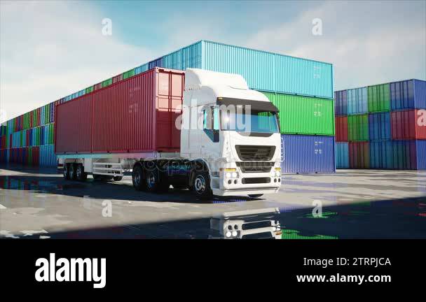 Truck in container depot, wharehouse, seaport. Cargo containers ...