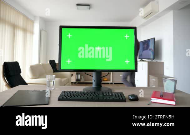 Personal PC computer with big green screen chroma mock up Stock Video ...