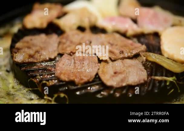 Grilled raw meat beef and pork (barbeque, bbq) a food cooking on wagyu ...