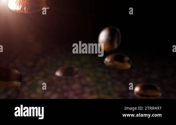 Roasted coffee beans with coffee dust falling down in front of dark ...